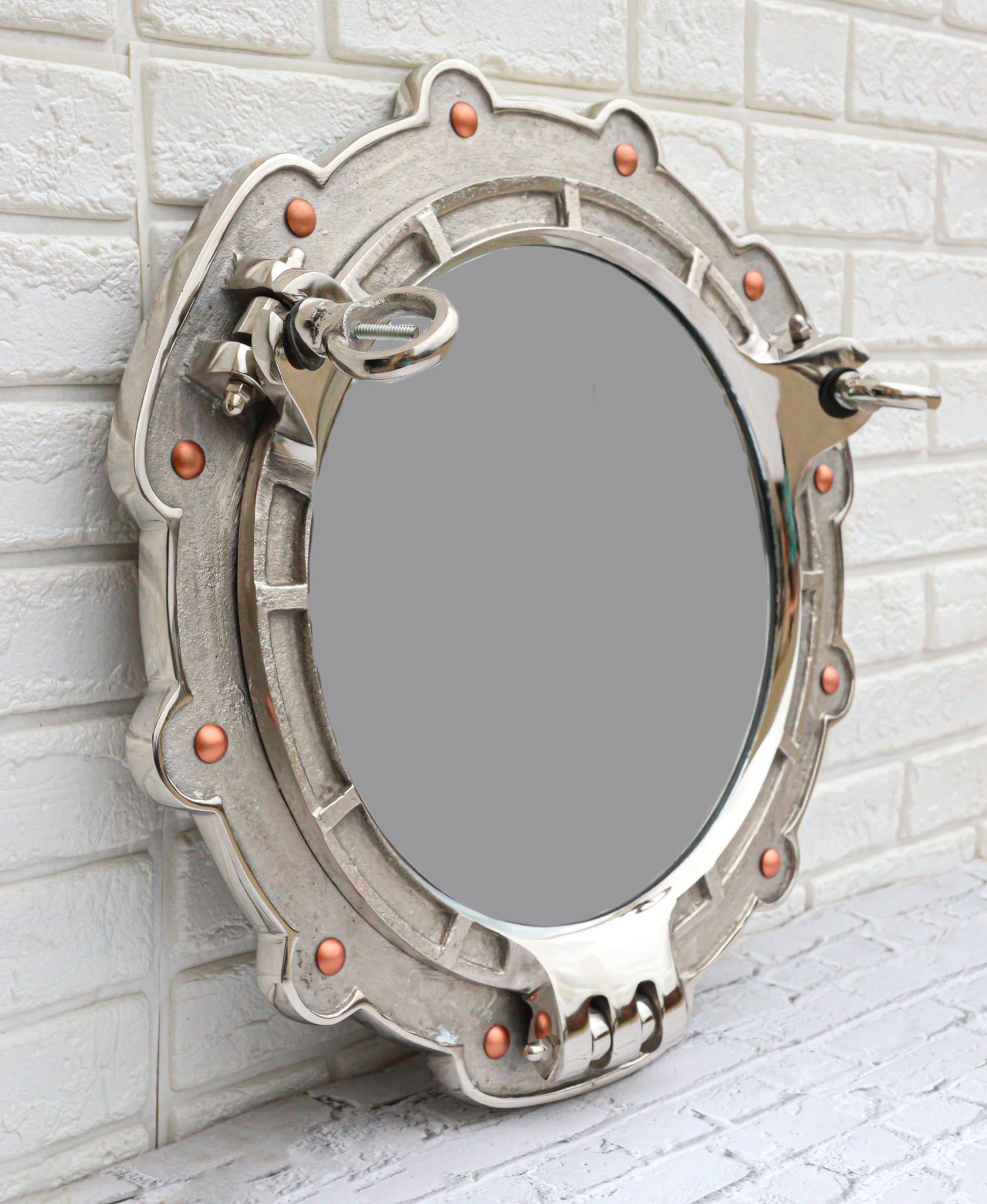 Ebros Gift Polished Aluminum Nautical Marine Round Ship Porthole Folding Wall Mirror Decor 14.5" Diameter Ocean Sailor Sea Exploration and Travel Accent