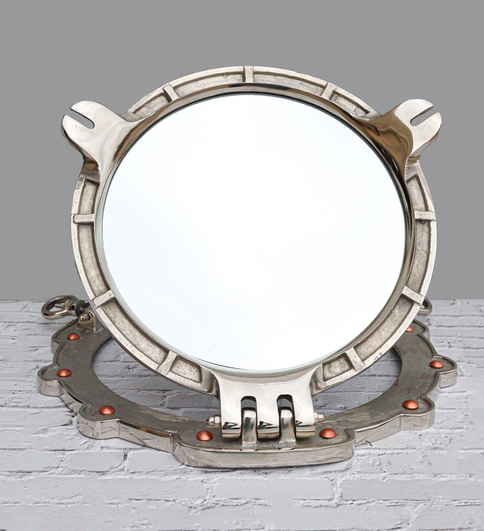 Ebros Gift Polished Aluminum Nautical Marine Round Ship Porthole Folding Wall Mirror Decor 14.5" Diameter Ocean Sailor Sea Exploration and Travel Accent