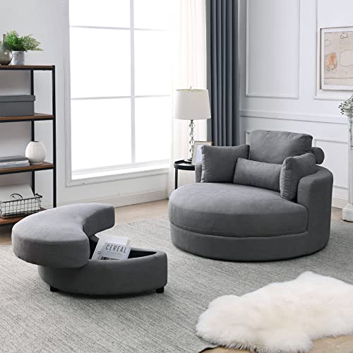 FULife Oversized Swivel Accent Barrel Chair with Storage Ottoman+4 Pillows,Comfy Upholstered 360 Recliner Sofa Club Chaise Leisure Round Loveseat Lounge Armchair for Living Room/Hotel/Nursery