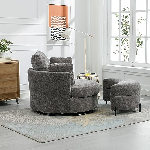 360° Swivel Accent Barrel Chair and Half Crescent Moon Storage Bench Large Ottoman with 4 Pillows,Upholstered Oversized Leisure Round Loveseat Recliner Sofa Chaise Lounge Circle Armchair for Club