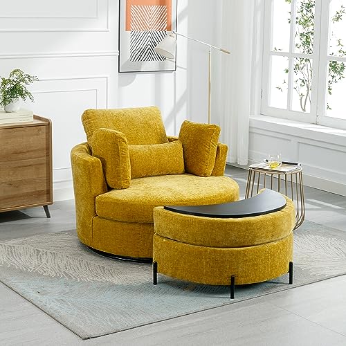 Oversized Swivel Accent Barrel Chair with Storage Bench Large Ottoman+4 Pillows,Comfy Upholstered 360 Recliner Sofa Club Chaise Leisure Round Loveseat Lounge Armchair for Living Room/Hotel/Nursery