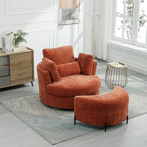360° Swivel Accent Barrel Chair and Half Crescent Moon Storage Bench Large Ottoman with 4 Pillows,Upholstered Oversized Leisure Round Loveseat Recliner Sofa Chaise Lounge Circle Armchair for Club