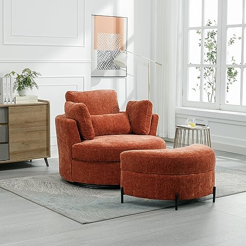 360° Swivel Accent Barrel Chair and Half Crescent Moon Storage Bench Large Ottoman with 4 Pillows,Upholstered Oversized Leisure Round Loveseat Recliner Sofa Chaise Lounge Circle Armchair for Club