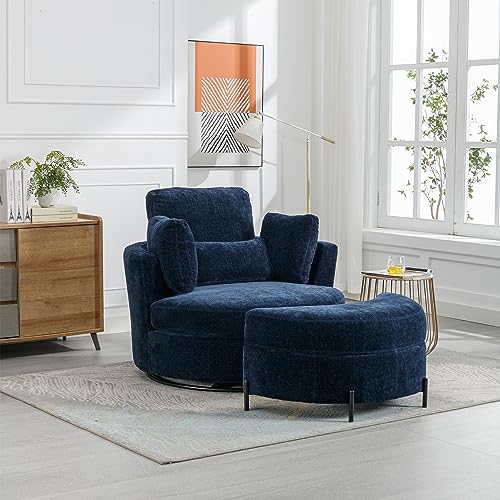 360° Swivel Accent Barrel Chair and Half Crescent Moon Storage Bench Large Ottoman with 4 Pillows,Upholstered Oversized Leisure Round Loveseat Recliner Sofa Chaise Lounge Circle Armchair for Club