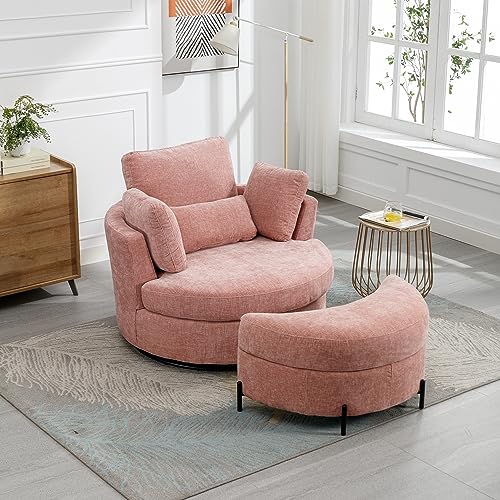 360° Swivel Accent Barrel Chair and Half Crescent Moon Storage Bench Large Ottoman with 4 Pillows,Upholstered Oversized Leisure Round Loveseat Recliner Sofa Chaise Lounge Circle Armchair for Club