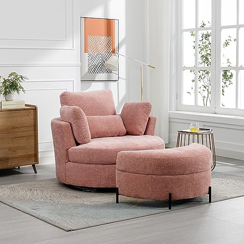 360° Swivel Accent Barrel Chair and Half Crescent Moon Storage Bench Large Ottoman with 4 Pillows,Upholstered Oversized Leisure Round Loveseat Recliner Sofa Chaise Lounge Circle Armchair for Club