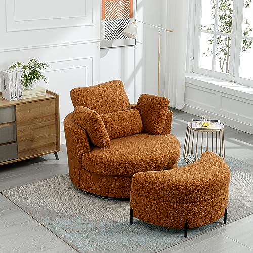 360° Swivel Accent Barrel Chair and Half Crescent Moon Storage Bench Large Ottoman with 4 Pillows,Upholstered Oversized Leisure Round Loveseat Recliner Sofa Chaise Lounge Circle Armchair for Club