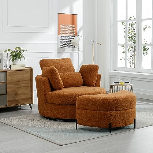 360° Swivel Accent Barrel Chair and Half Crescent Moon Storage Bench Large Ottoman with 4 Pillows,Upholstered Oversized Leisure Round Loveseat Recliner Sofa Chaise Lounge Circle Armchair for Club