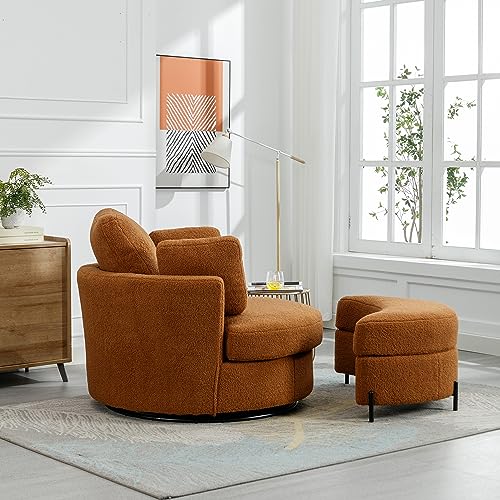 360° Swivel Accent Barrel Chair and Half Crescent Moon Storage Bench Large Ottoman with 4 Pillows,Upholstered Oversized Leisure Round Loveseat Recliner Sofa Chaise Lounge Circle Armchair for Club