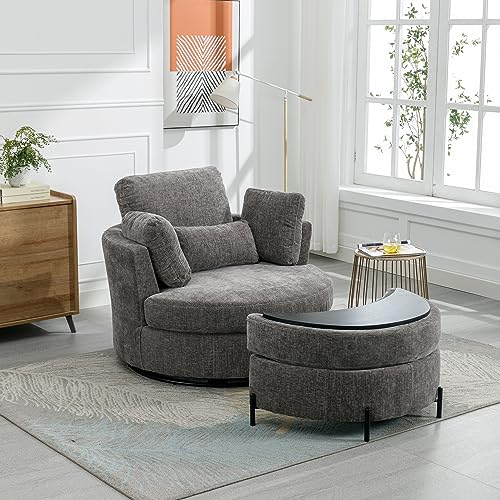 Oversized Swivel Accent Barrel Chair with Storage Bench Large Ottoman+4 Pillows,Comfy Upholstered 360 Recliner Sofa Club Chaise Leisure Round Loveseat Lounge Armchair for Living Room/Hotel/Nursery