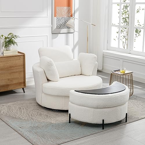 Oversized Swivel Accent Barrel Chair with Storage Bench Large Ottoman+4 Pillows,Comfy Upholstered 360 Recliner Sofa Club Chaise Leisure Round Loveseat Lounge Armchair for Living Room/Hotel/Nursery