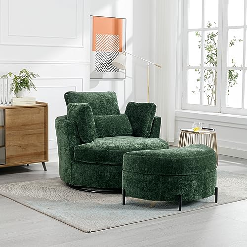 360° Swivel Accent Barrel Chair and Half Crescent Moon Storage Bench Large Ottoman with 4 Pillows,Upholstered Oversized Leisure Round Loveseat Recliner Sofa Chaise Lounge Circle Armchair for Club