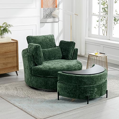 Oversized Swivel Accent Barrel Chair with Storage Bench Large Ottoman+4 Pillows,Comfy Upholstered 360 Recliner Sofa Club Chaise Leisure Round Loveseat Lounge Armchair for Living Room/Hotel/Nursery
