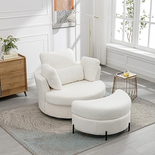 360° Swivel Accent Barrel Chair and Half Crescent Moon Storage Bench Large Ottoman with 4 Pillows,Upholstered Oversized Leisure Round Loveseat Recliner Sofa Chaise Lounge Circle Armchair for Club