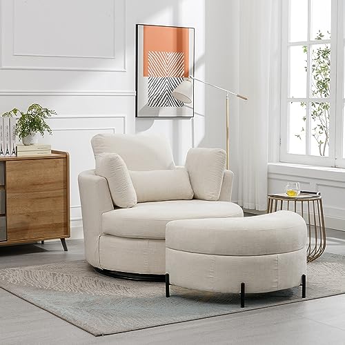 360° Swivel Accent Barrel Chair and Half Crescent Moon Storage Bench Large Ottoman with 4 Pillows,Upholstered Oversized Leisure Round Loveseat Recliner Sofa Chaise Lounge Circle Armchair for Club