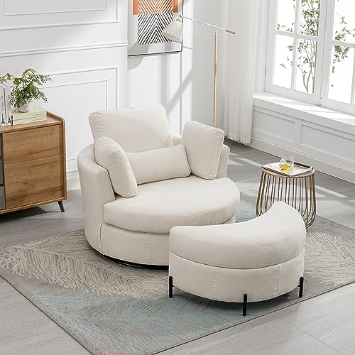 360° Swivel Accent Barrel Chair and Half Crescent Moon Storage Bench Large Ottoman with 4 Pillows,Upholstered Oversized Leisure Round Loveseat Recliner Sofa Chaise Lounge Circle Armchair for Club
