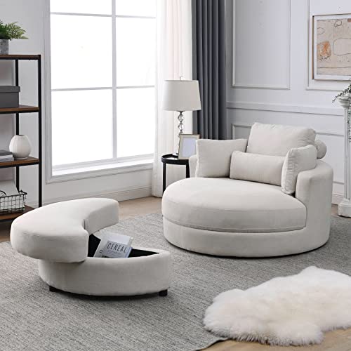 FULife Oversized Swivel Accent Barrel Chair with Storage Ottoman+4 Pillows,Comfy Upholstered 360 Recliner Sofa Club Chaise Leisure Round Loveseat Lounge Armchair for Living Room/Hotel/Nursery