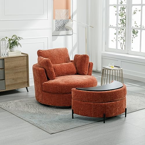 Oversized Swivel Accent Barrel Chair with Storage Bench Large Ottoman+4 Pillows,Comfy Upholstered 360 Recliner Sofa Club Chaise Leisure Round Loveseat Lounge Armchair for Living Room/Hotel/Nursery