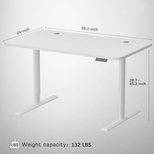 Flamaker Standing Desk, Electric Adjustable Height Stand up Desk, 55 x 24 Inches Home Office Computer Desk with T-Shaped Metal Bracket and Memory Preset, White