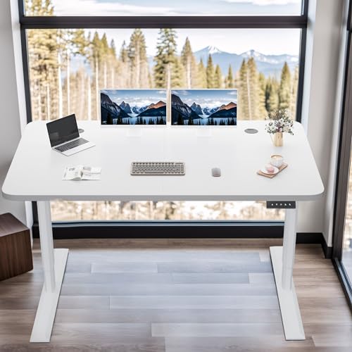 Flamaker Standing Desk, Electric Adjustable Height Stand up Desk, 55 x 24 Inches Home Office Computer Desk with T-Shaped Metal Bracket and Memory Preset, White