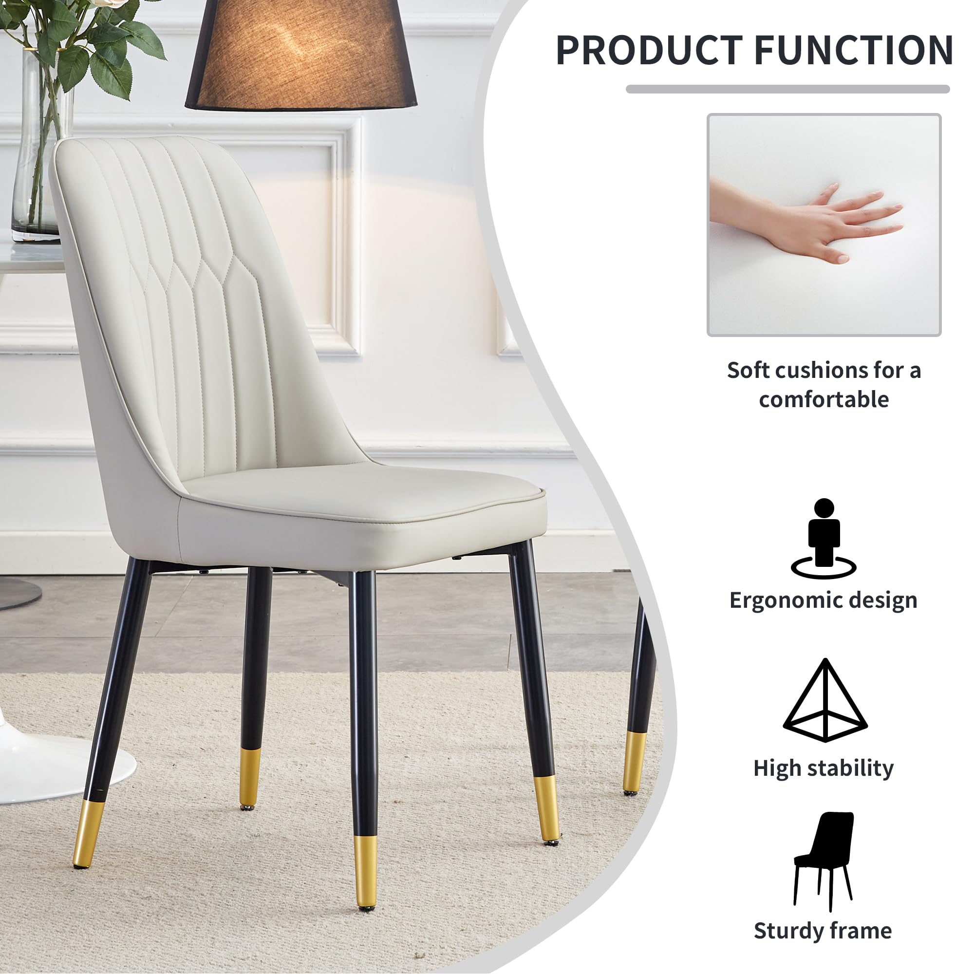 Dvasovio Dining Chairs Set of 4 with Pu Artificial Leather Backrest Cushions and Black Metal Legs, Suitable for Restaurants, Kitchens, and Dining Room. (Grey+PU Leather)