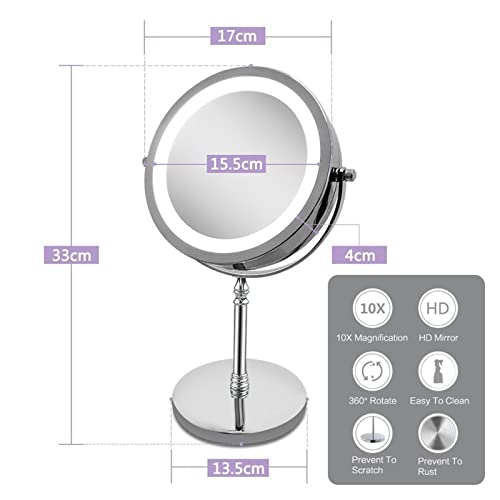 BROHN 7 Inch 10x Magnification Circular Makeup Mirror Dual Sided LED 360 Degree Rotating Cosmetic Mirror Stand Magnifier
