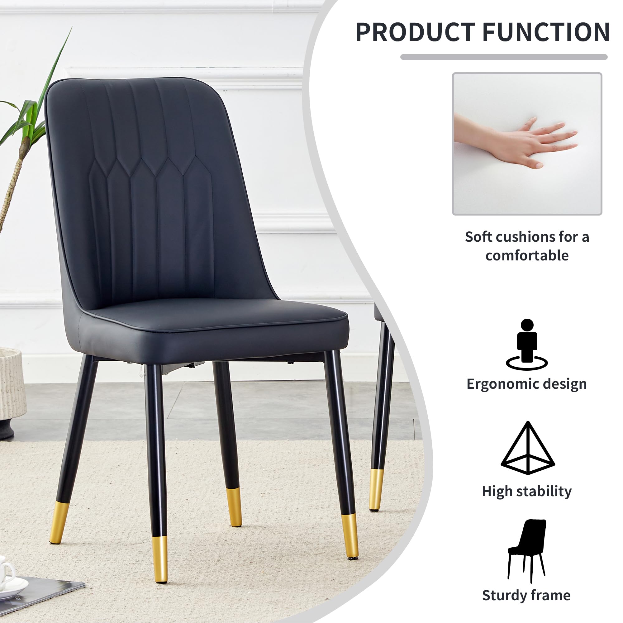 Dvasovio Dining Chairs Set of 4 with Pu Artificial Leather Backrest Cushions and Black Metal Legs, Suitable for Restaurants, Kitchens, and Dining Room. (Black+Pu Leather)