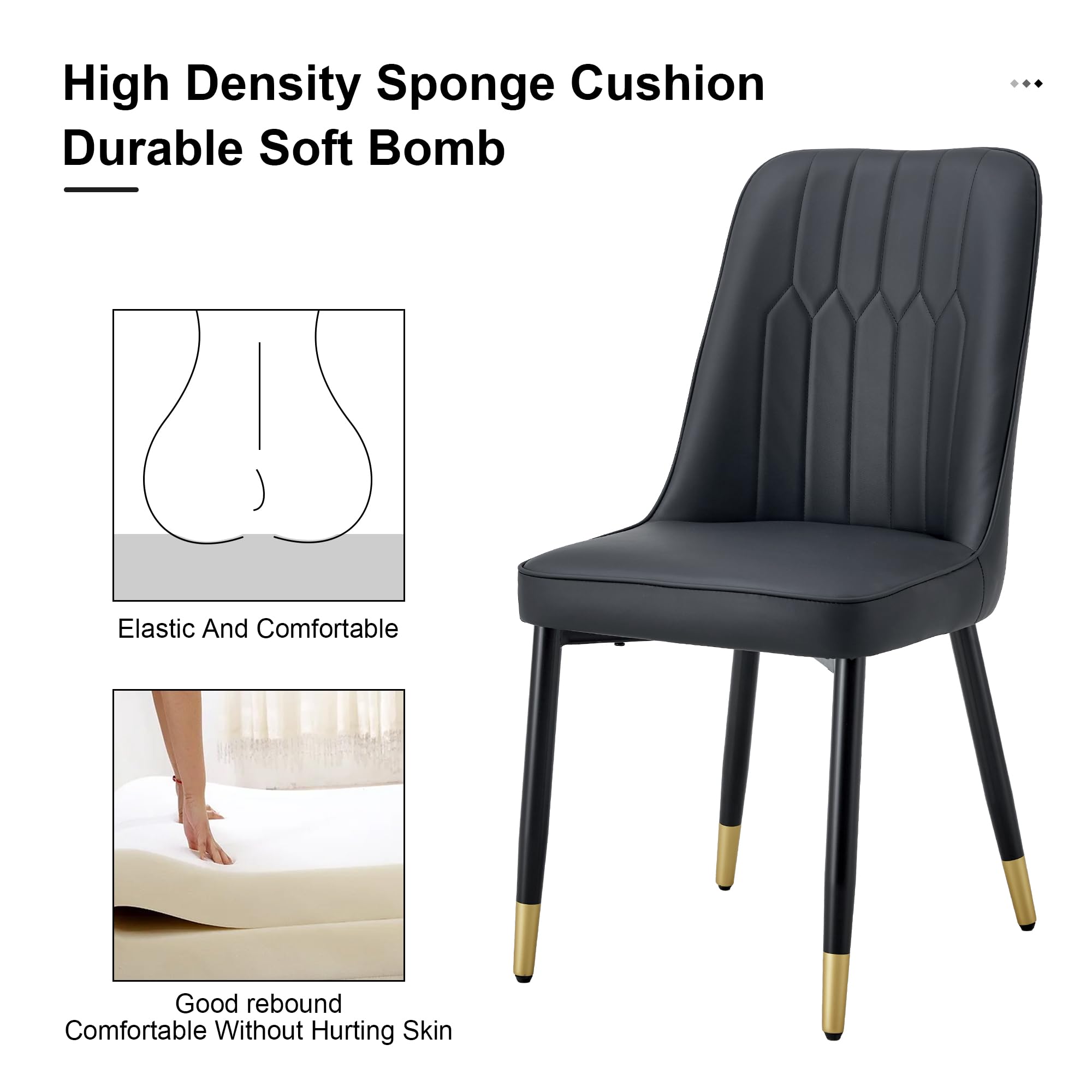 Dvasovio Dining Chairs Set of 4 with Pu Artificial Leather Backrest Cushions and Black Metal Legs, Suitable for Restaurants, Kitchens, and Dining Room. (Black+Pu Leather)
