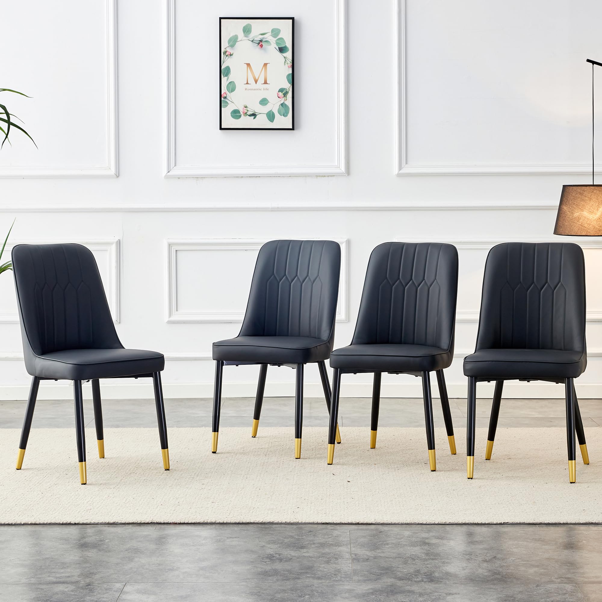 Dvasovio Dining Chairs Set of 4 with Pu Artificial Leather Backrest Cushions and Black Metal Legs, Suitable for Restaurants, Kitchens, and Dining Room. (Black+Pu Leather)