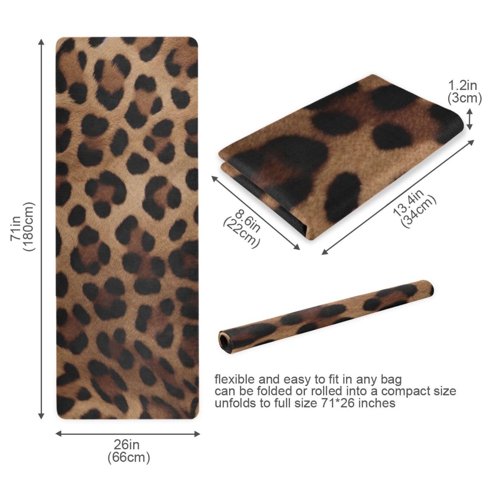 GOODOLD Leopard Print Yoga Mat, 71 x 26 Inch Non-slip Yoga Mats Folding Travel Exercise Mat Indoor Outdoor Gym Pilates with Storage Bag for Women Men