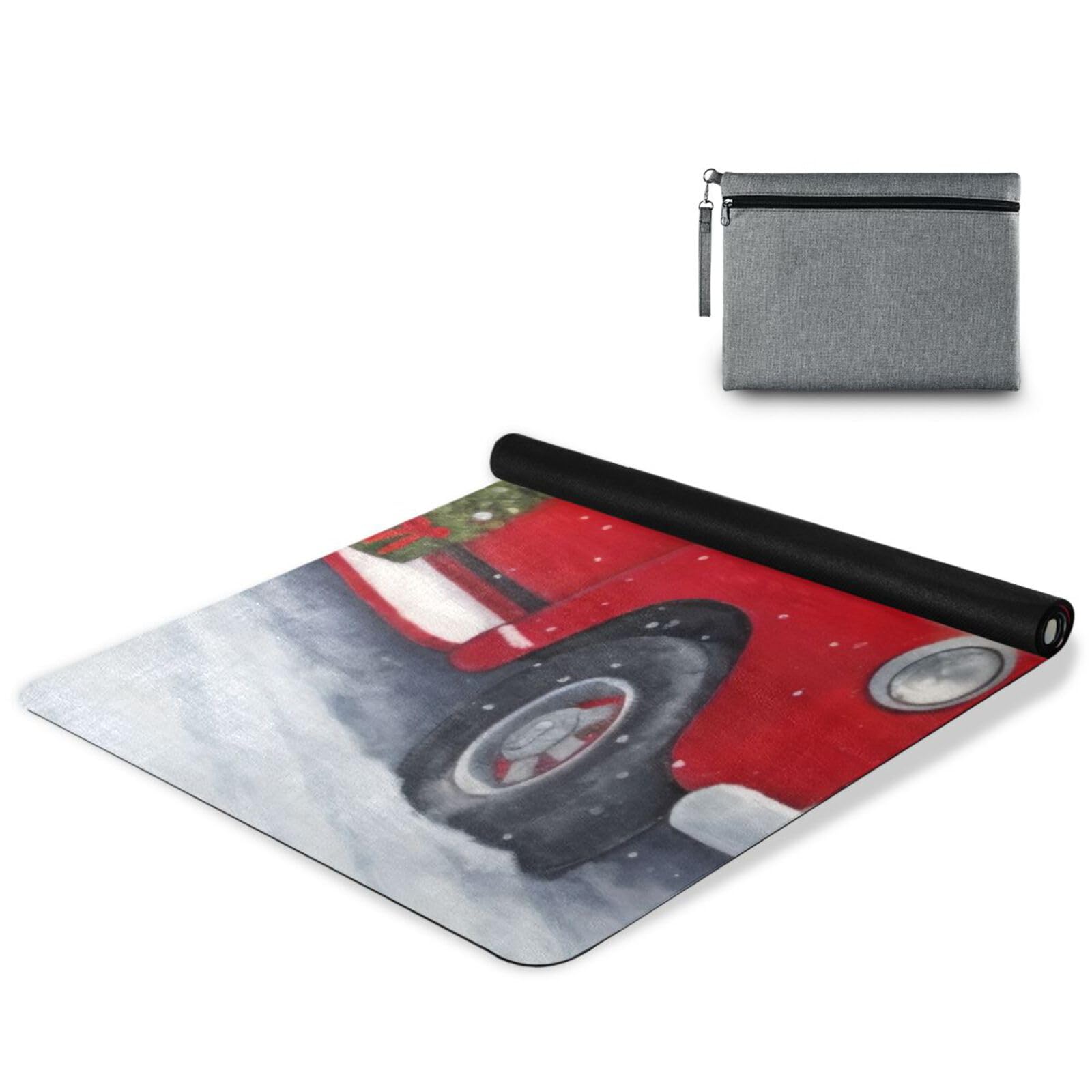 GOODOLD Red Truck Farm Christmas Yoga Mat, 71 x 26 Inch Non-slip Yoga Mats Folding Travel Exercise Mat Indoor Outdoor Gym Pilates with Storage Bag for Women Men