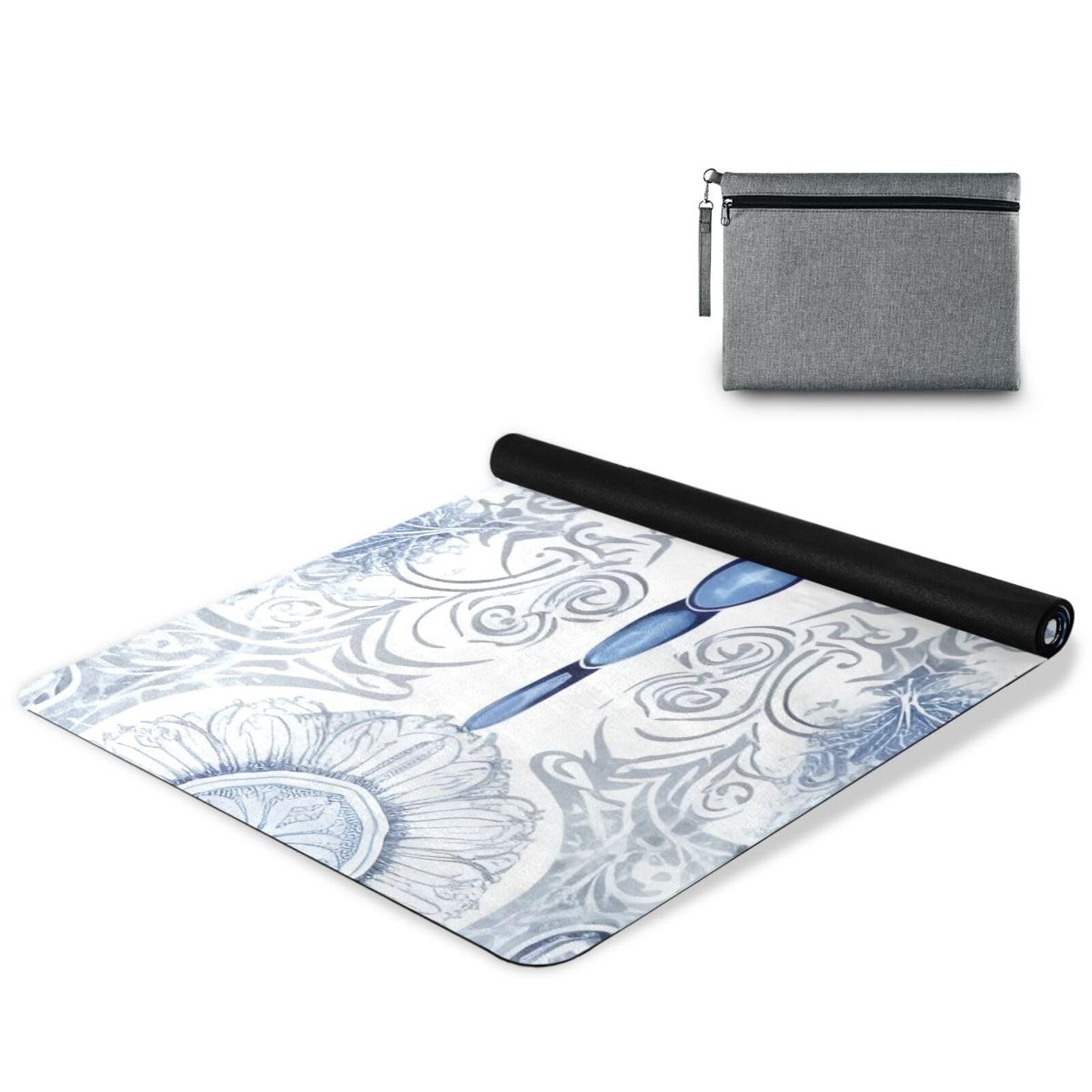 GOODOLD Dragonfly Pattern Yoga Mat, 71 x 26 Inch Non-slip Yoga Mats Folding Travel Exercise Mat Indoor Outdoor Gym Pilates with Storage Bag for Women Men