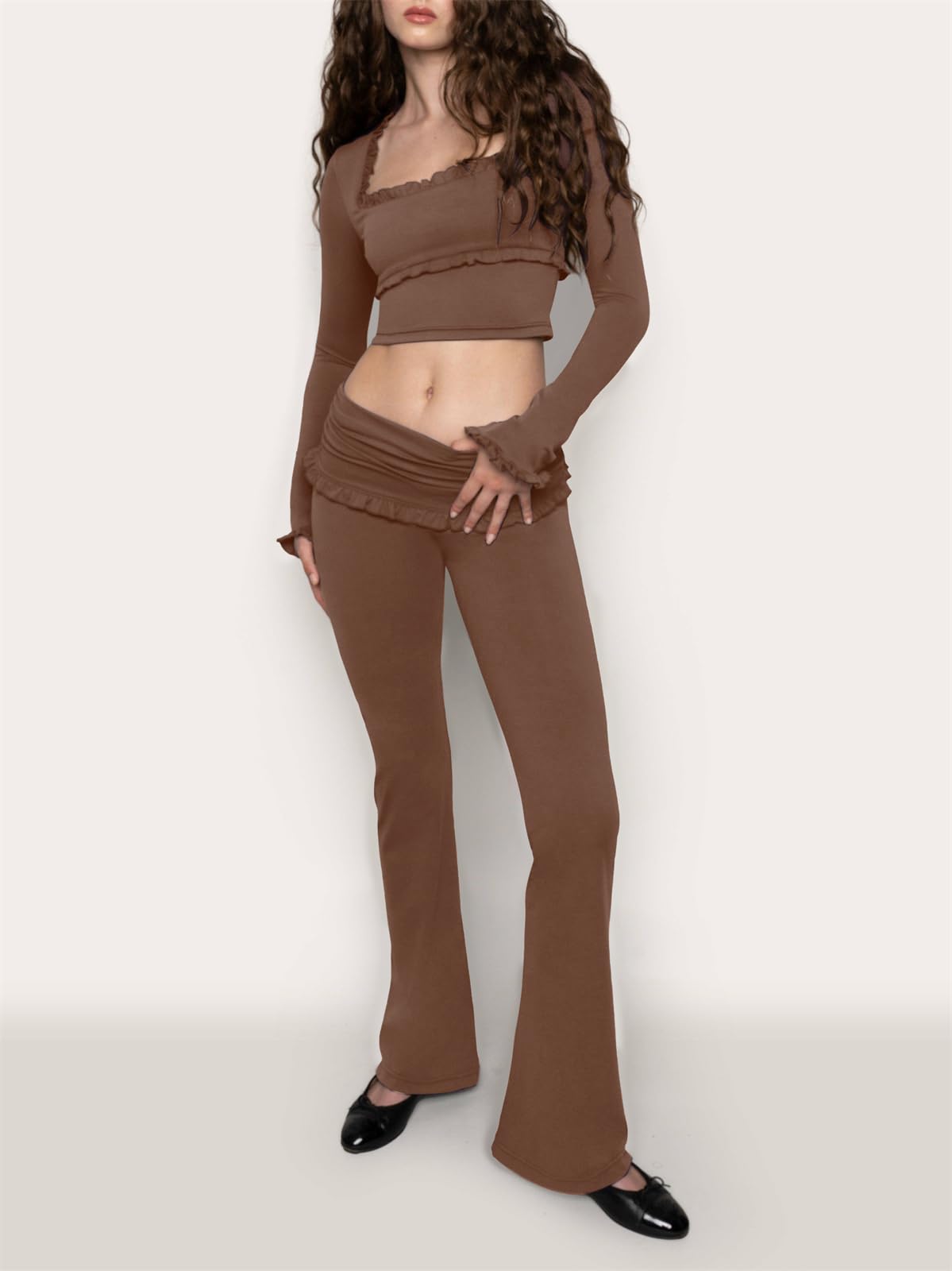 Women Low Rise Flare Leggings Y2k Fold Over Yoga Pants Bootcut Stretchy Skinny Sweatpant Lounge Workout Athletic Wear (Ruffle Hem, Brown, S)