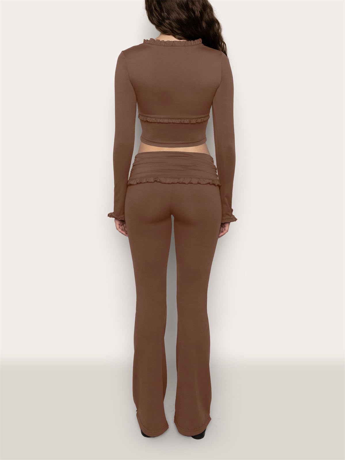 Women Low Rise Flare Leggings Y2k Fold Over Yoga Pants Bootcut Stretchy Skinny Sweatpant Lounge Workout Athletic Wear (Ruffle Hem, Brown, S)