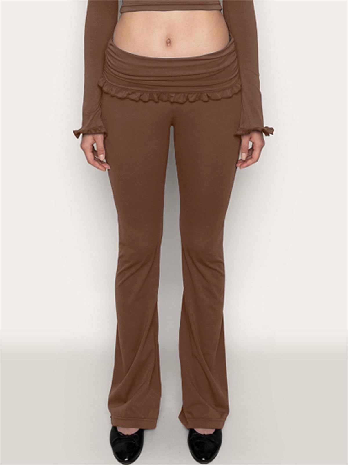 Women Low Rise Flare Leggings Y2k Fold Over Yoga Pants Bootcut Stretchy Skinny Sweatpant Lounge Workout Athletic Wear (Ruffle Hem, Brown, S)