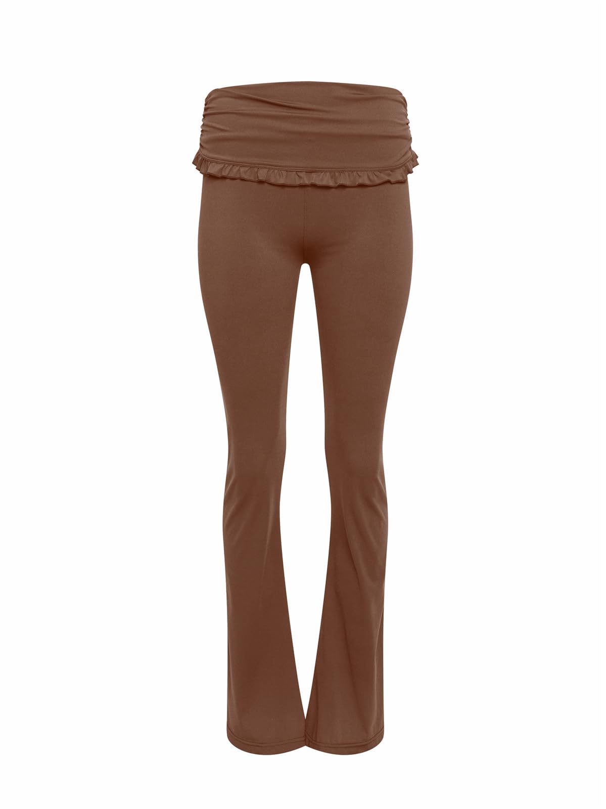 Women Low Rise Flare Leggings Y2k Fold Over Yoga Pants Bootcut Stretchy Skinny Sweatpant Lounge Workout Athletic Wear (Ruffle Hem, Brown, S)