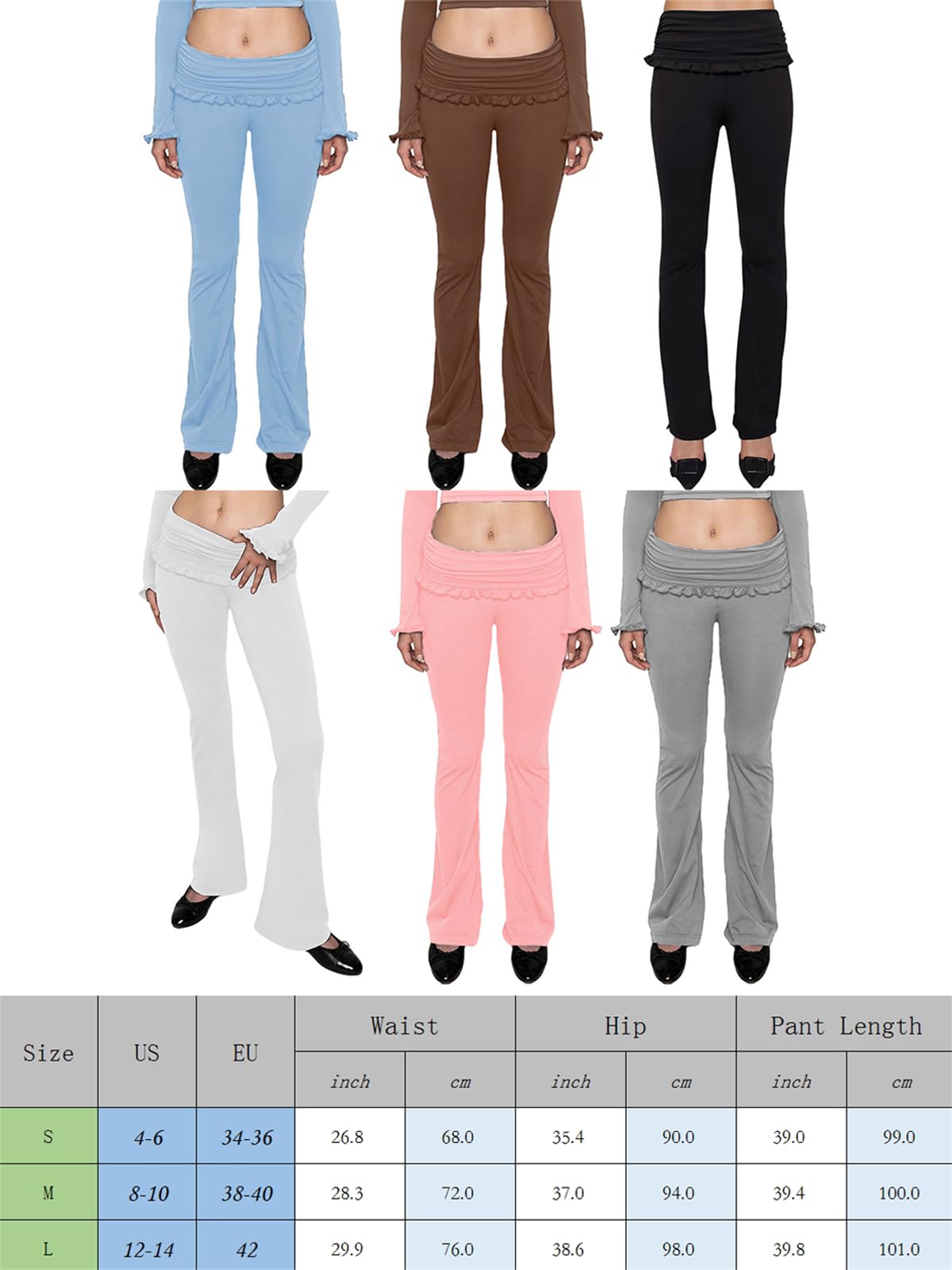 Women Low Rise Flare Leggings Y2k Fold Over Yoga Pants Bootcut Stretchy Skinny Sweatpant Lounge Workout Athletic Wear (Ruffle Hem, Brown, S)