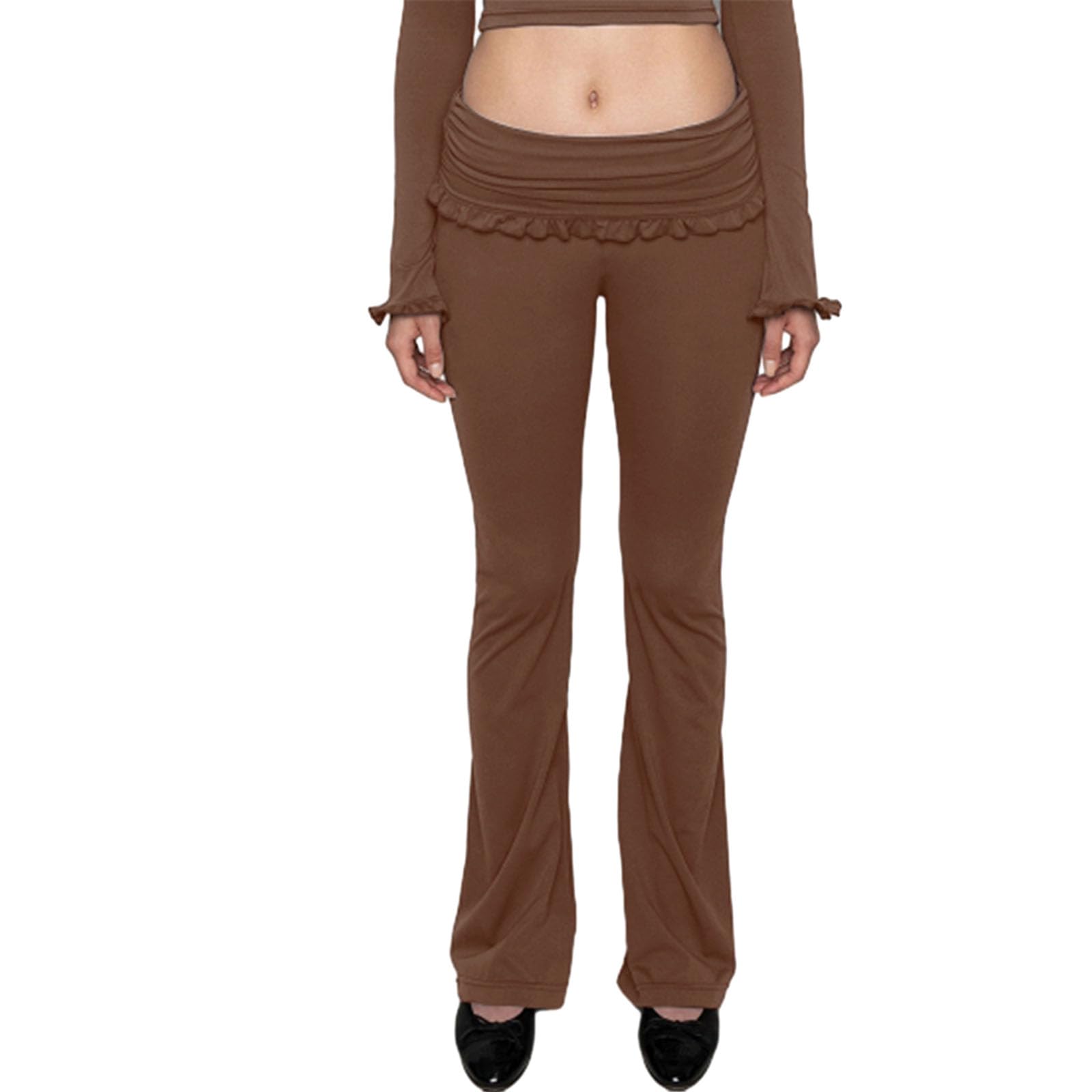 Women Low Rise Flare Leggings Y2k Fold Over Yoga Pants Bootcut Stretchy Skinny Sweatpant Lounge Workout Athletic Wear (Ruffle Hem, Brown, S)