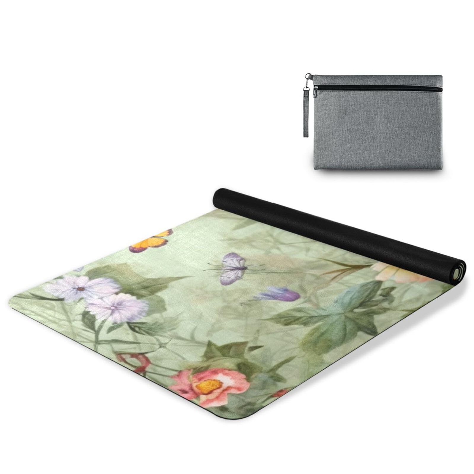 GOODOLD Flower and Bird Green Yoga Mat, 71 x 26 Inch Non-slip Yoga Mats Folding Travel Exercise Mat Indoor Outdoor Gym Pilates with Storage Bag for Women Men