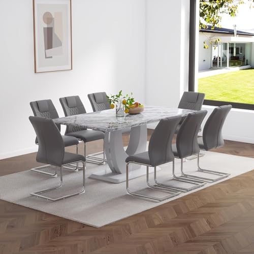 Gnrolaz 63" Marble Dining Table Set for 8, Modern Kitchen Table and Chairs Set with 1.4" Faux Marble Tabletop and 8 Gray PU Leather Dining Chairs, 9 Piece DiningTable Set for Dining Kitchen