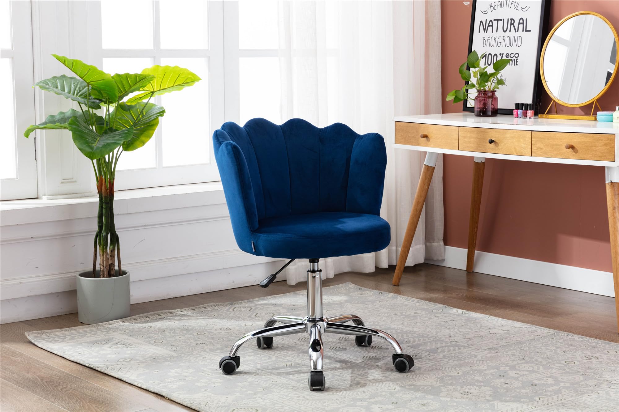 Swivel Shell Chair for Living Room & Bedroom - Modern Leisure Velvet Office Chair with Curved Backrest, Adjustable Lift Seat, Five-Star Base with Casters for Mobility, Metal & PolyWood Frame (Navy)