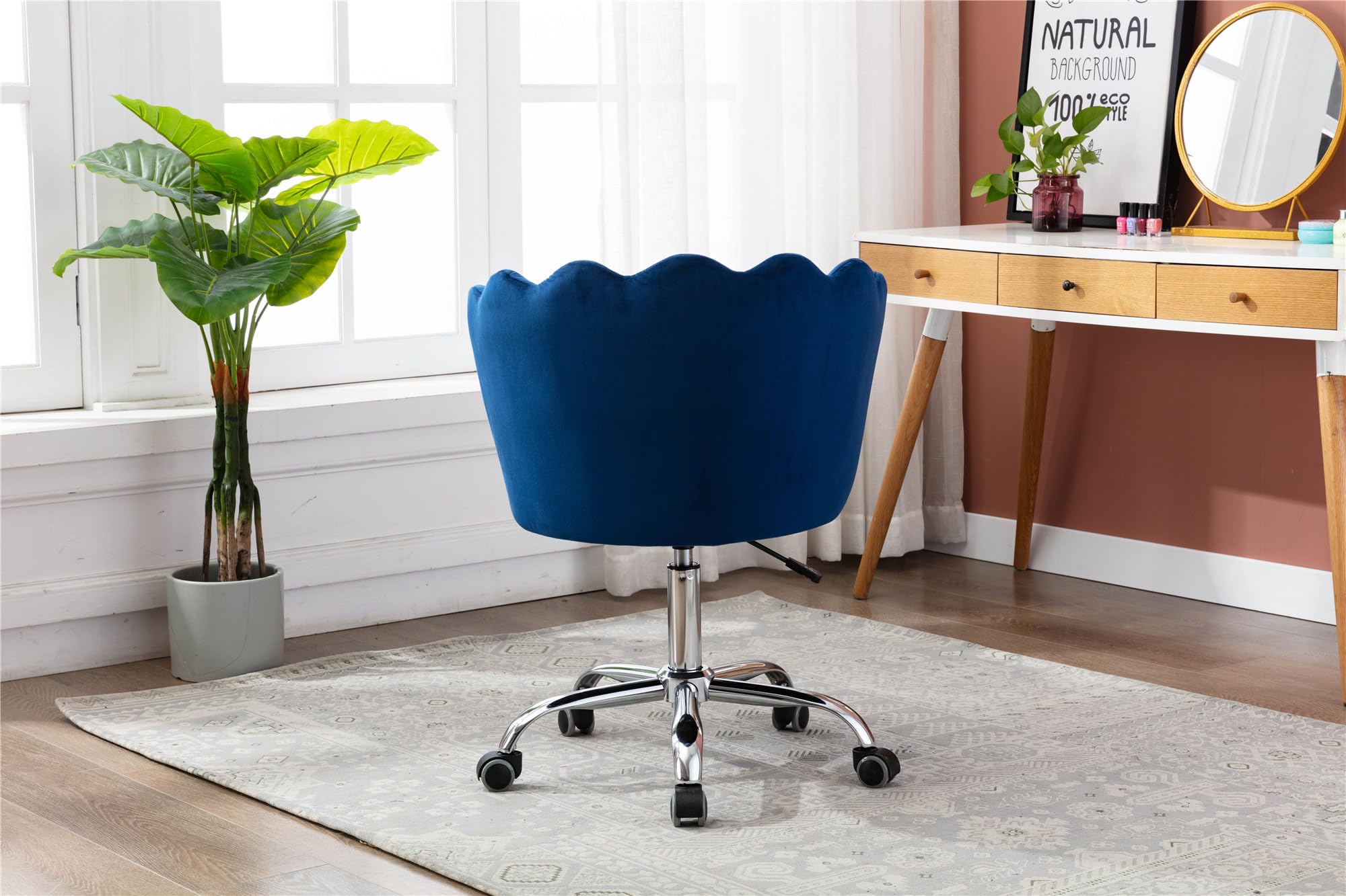 Swivel Shell Chair for Living Room & Bedroom - Modern Leisure Velvet Office Chair with Curved Backrest, Adjustable Lift Seat, Five-Star Base with Casters for Mobility, Metal & PolyWood Frame (Navy)