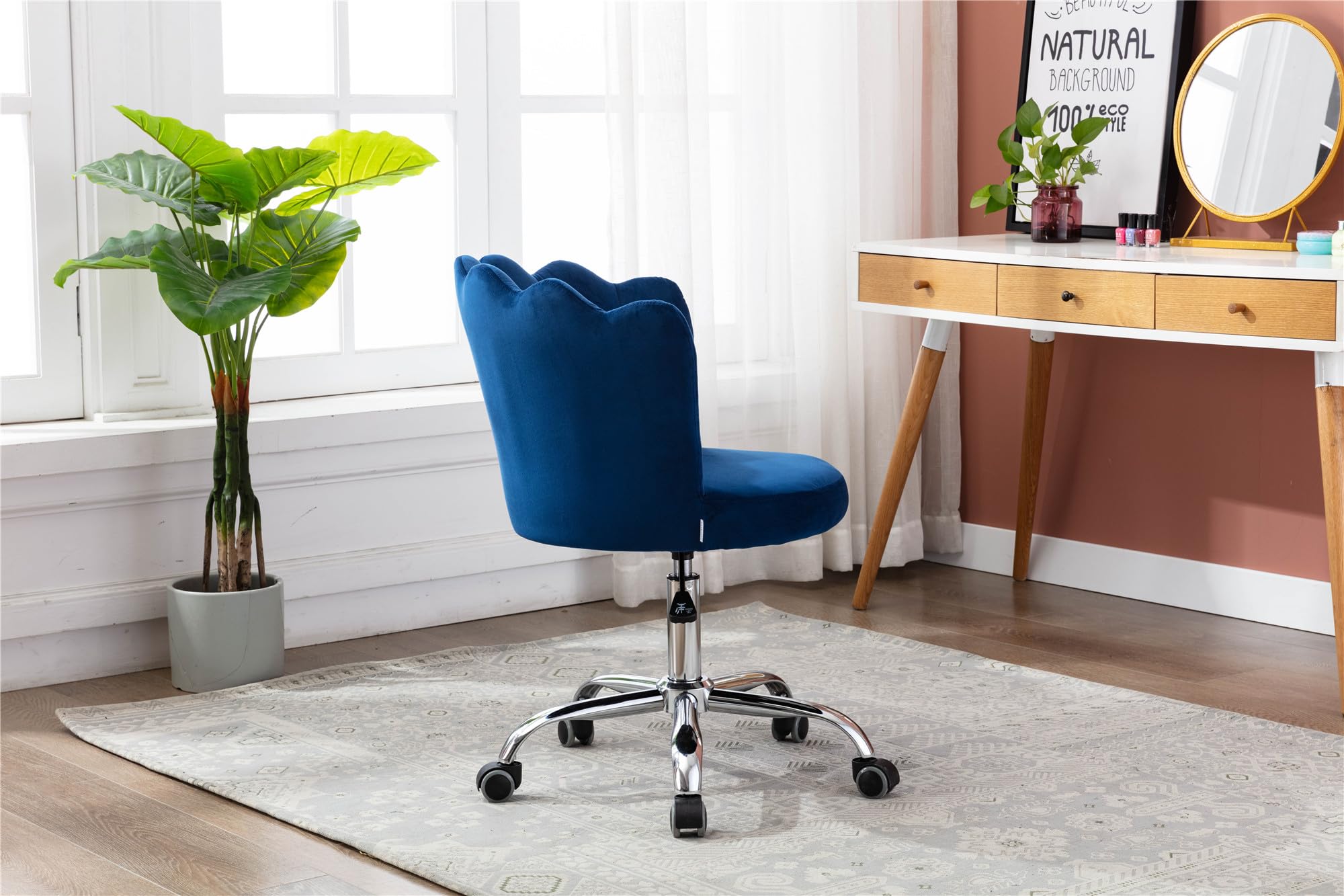 Swivel Shell Chair for Living Room & Bedroom - Modern Leisure Velvet Office Chair with Curved Backrest, Adjustable Lift Seat, Five-Star Base with Casters for Mobility, Metal & PolyWood Frame (Navy)