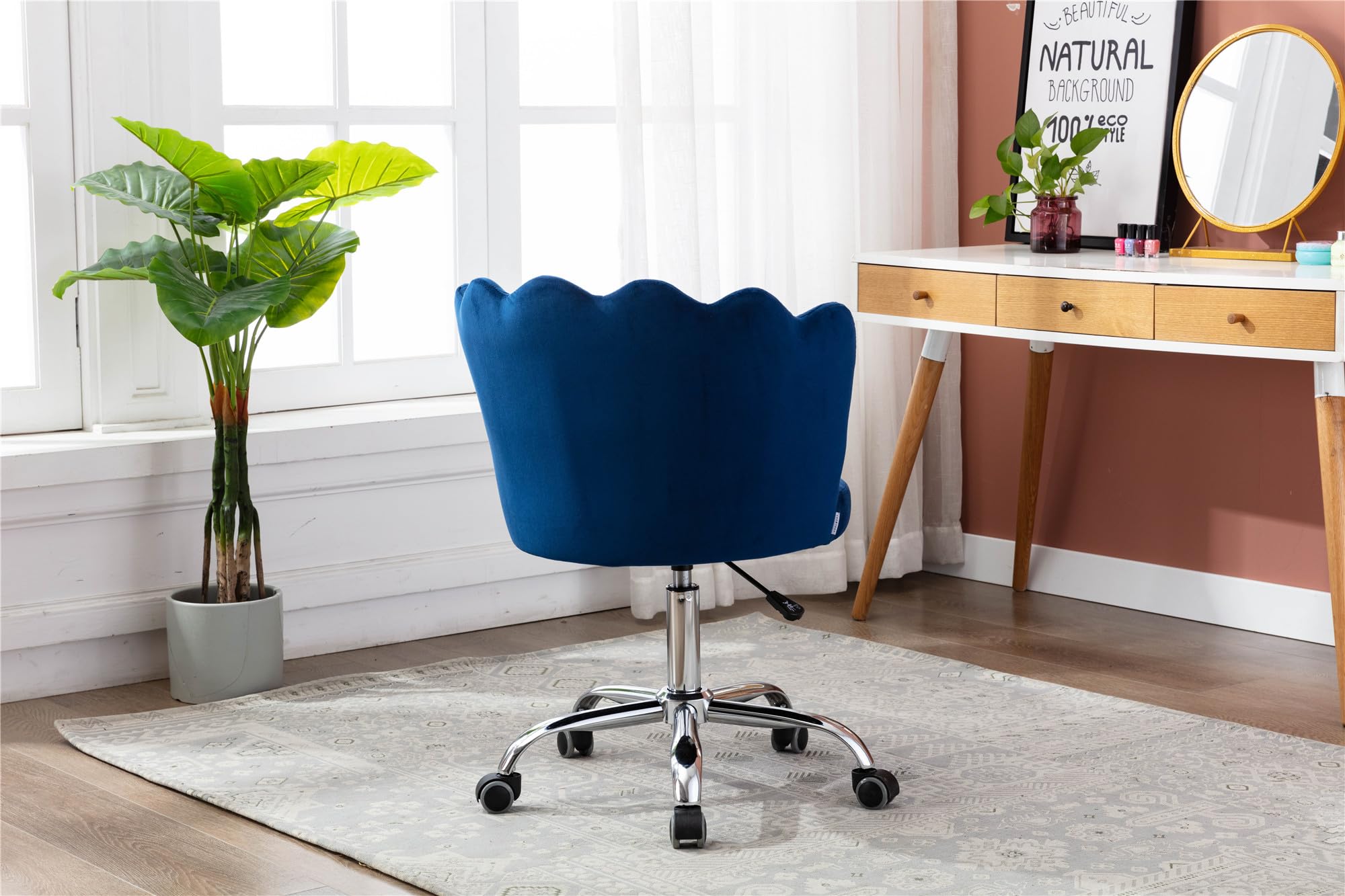 Swivel Shell Chair for Living Room & Bedroom - Modern Leisure Velvet Office Chair with Curved Backrest, Adjustable Lift Seat, Five-Star Base with Casters for Mobility, Metal & PolyWood Frame (Navy)
