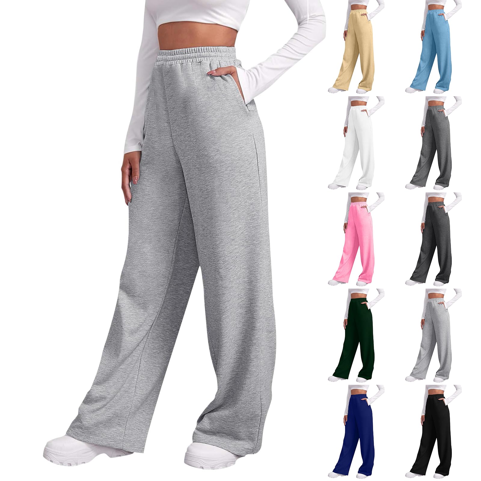 Straight Wide Leg Sweatpants for Women Joggers with Pockets Fleece High Waist Warm Trousers Casual Comfy Drawstring Sweat Pants Fleece Lined Sweatpants for Girls Y2k Clothes Fleece Joggers Pants
