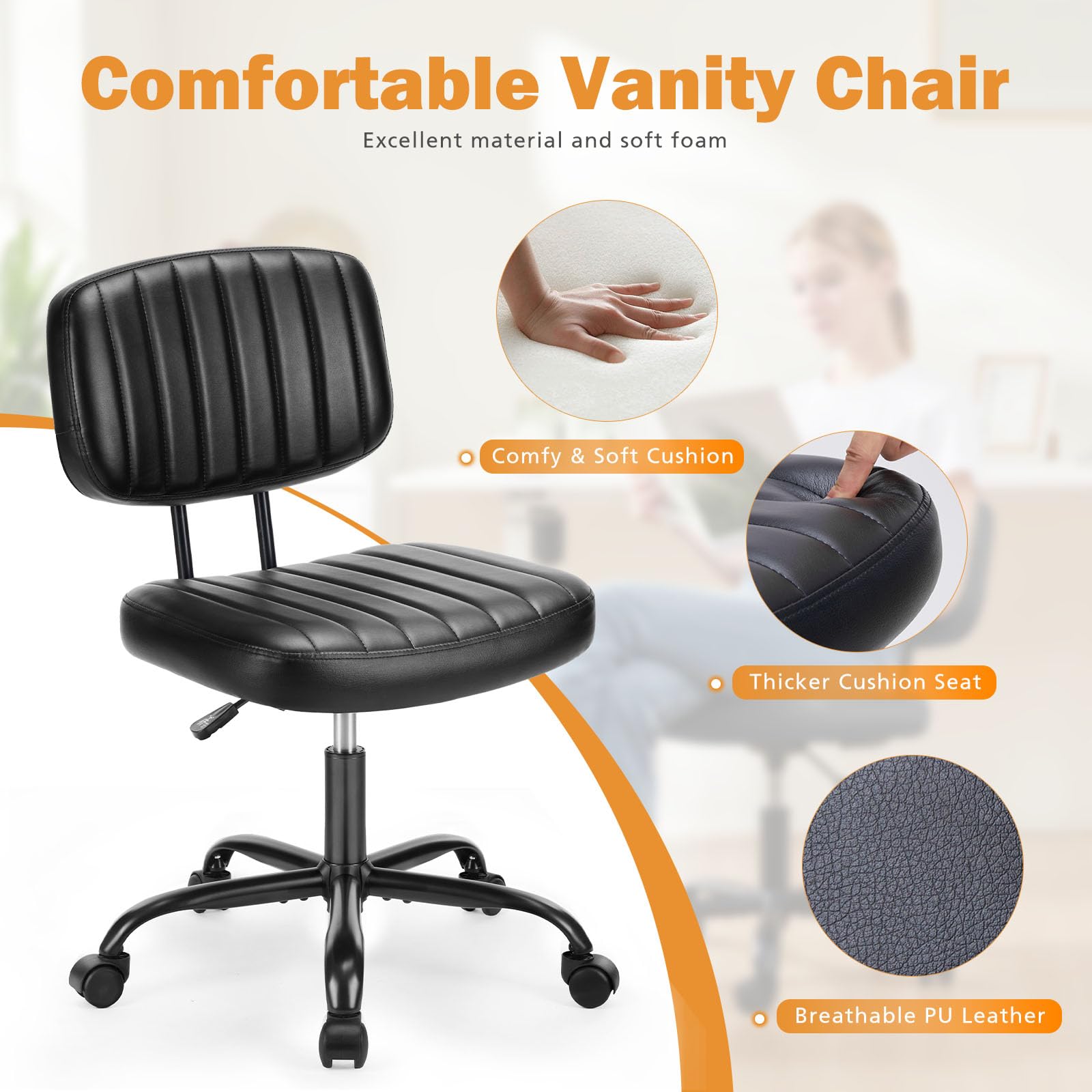 Gustonhon Home Office Desk Chair,Vanity Chair,Modern PU Adjustable Low Back Rolling Chair,Twill Upholstered Cute Office Chair,Desk Chairs with Wheels for Bedroom,Vanity Room,Classroom (Black)