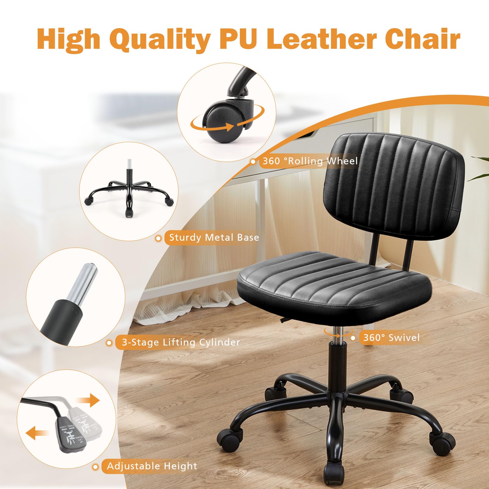 Gustonhon Home Office Desk Chair,Vanity Chair,Modern PU Adjustable Low Back Rolling Chair,Twill Upholstered Cute Office Chair,Desk Chairs with Wheels for Bedroom,Vanity Room,Classroom (Black)