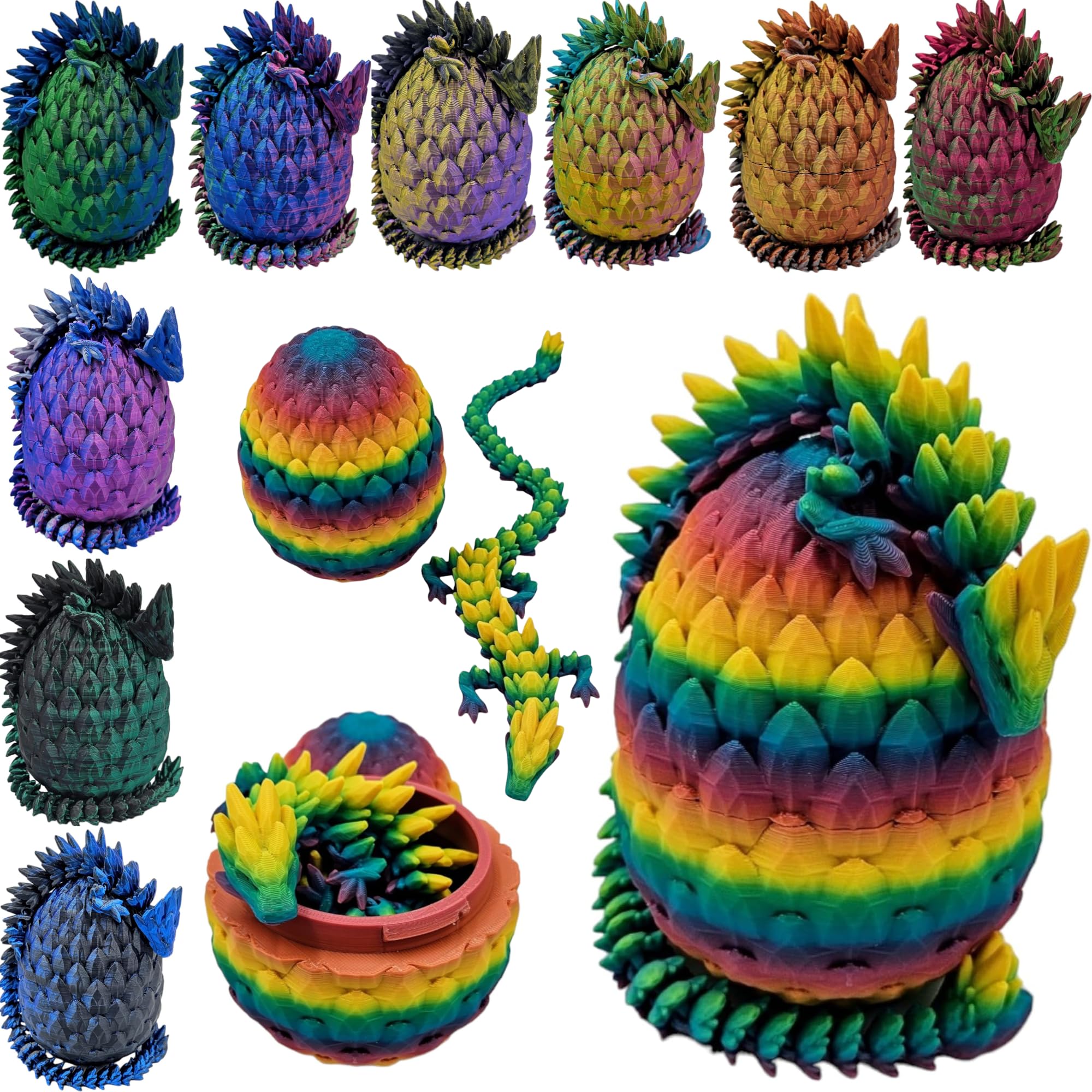 Surprise Dragon Egg Articulating Gemstone Dragon Fidget Figurine - 3D Printed Dragons Flexible ADHD, Autism, Relief Anxiety - Articulated Joints (Rainbow)