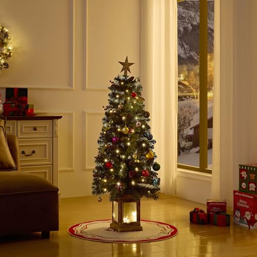Premium 4ft Pre Lit Artificial Pencil Christmas Tree with Brown Hollow Base, Mini Pre-lit Xmas Pine Tree with 7 Modes LED Lights for Christmas Decoration, Home, Office, Party Decoration (1)