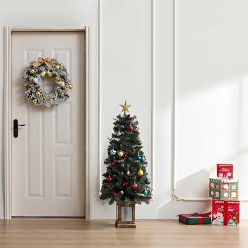 Premium 4ft Pre Lit Artificial Pencil Christmas Tree with Brown Hollow Base, Mini Pre-lit Xmas Pine Tree with 7 Modes LED Lights for Christmas Decoration, Home, Office, Party Decoration (1)